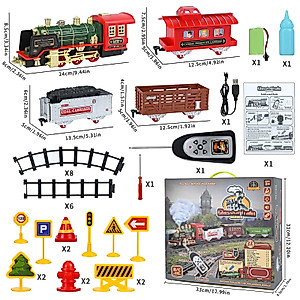Neragron Remote Control Train Set, Christmas Electric Train Set with Steam, Sound & Light, Kids Train Track with Rechargeable Battery, Christmas Toy Train Gifts for Age 3 4 5 6 7 8 Years Old Kids