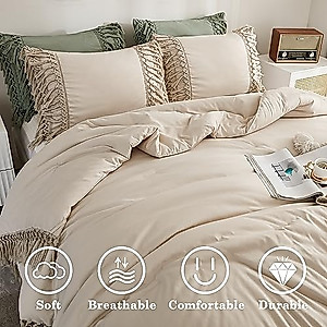 Andency King Size Comforter Set Beige, 3 Pieces Boho Tassel Lightweight Soft Bedding Comforter Sets for King Bed, All Season Fluffy Bed Set (104x90In Comforter & 2 Pillowcases)