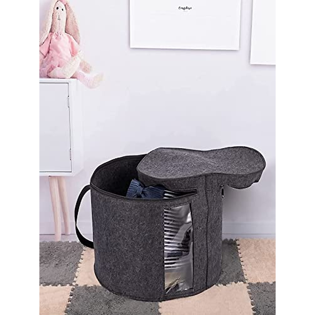 Hat Storage Box- 19" x 17.3" Foldable Felt Hat Box with Dustproof Lid for Beach Cowboy Hat- Large Round Hat Organizer Hat Boxes for Men Women Stuffed Animal Toy Clothes