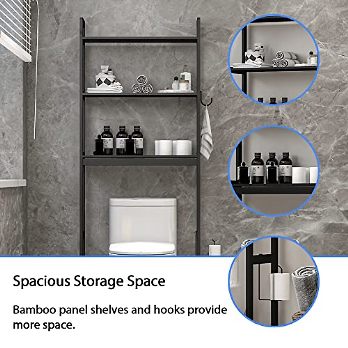 Bonzy Home Over The Toilet Storage, Bamboo 3 Tier Bathroom Organizer Space Saver Bathroom Shelf Freestanding Toilet Stands with Hooks