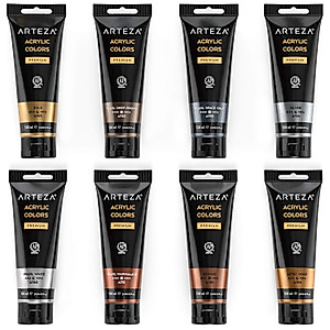 ARTEZA Metallic Acrylic Paint, 8 Metallic Colors in 4.06 ounce Tubes, Non Toxic Artist Paints for Hobby Painters, Art Supplies for Canvas Painting