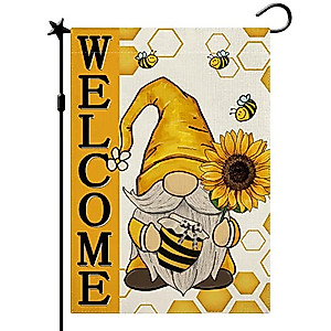 CMEGKE Gnome Welcome Garden Flag, Sunflower Garden Flag, Gnome with Sunflowers Bee Yard Flag Spring Summer Vertical Double Sided Burlap Party Holiday Yard Home Farmhouse Outside Decor 12.5 x 18 In