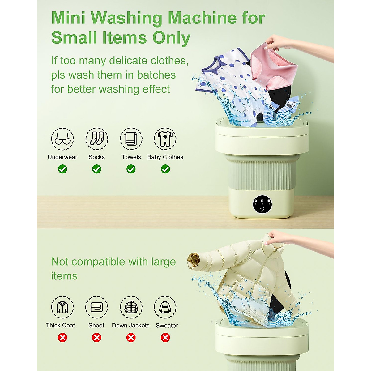 Portable Washing Machine, 9L Mini Laundry Washer with 3 Modes Cleaning for Underwear, Baby Clothes, Sock, Small Delicates. Foldable Washer and Dryer Combo for Apartment, Home, Hotel, Camping,RV(Green)
