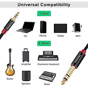 SHULIANCABLE 3.5mm to 6.35mm Stereo Audio Cable, 6.35 1/4" Male to 3.5 1/8" Male TRS Stereo Audio Cable for Guitar,iPod, Laptop, Home Theater Devices,Smartphones,and Amplifiers (10Ft/3M)