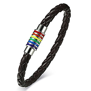 Nanafast Stainless Steel Rainbow Lesbian LGBT Pride Braided Bracelet Leather LGBTQ Pride Bracelets Wristband Weave Plaited Jewelry 2 Pack 7.48 Inches (Lesbian/Female)