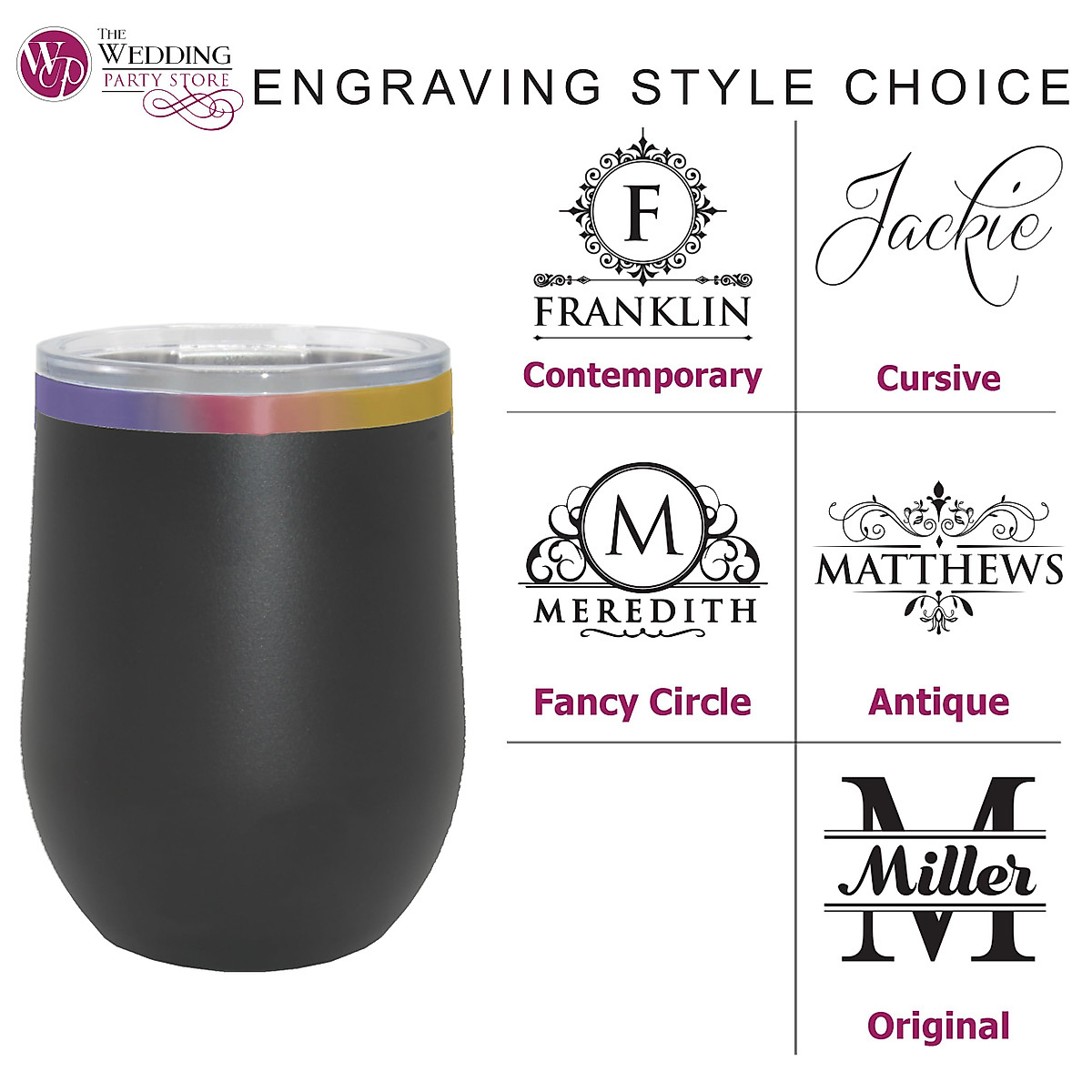 Personalized 12 oz Insulated Stemless Wine Tumbler - Custom Engraved and Monogrammed (Black with Prism)