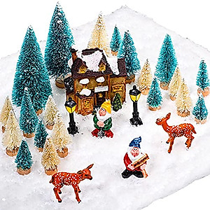 Yerliker 28 Pieces Christmas Mini Miniature Village Accessories Artificial Trees Street Lamps Santa Snow Houses Elk for Miniature Scenes Village Displays (Lake Blue and Beige,Gnome Style)