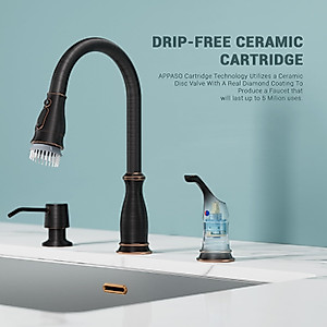 APPASO 3 Hole Kitchen Faucet, Bronze Kitchen Sink Faucet with Pull Down Sprayer 3 Modes, Oil Rubbed Bronze Kitchen Faucet with Soap Dispenser and Separate Handle, Kitchen Faucet 3 Pieces, Zinc Alloy