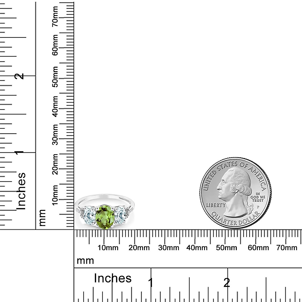 Gem Stone King 10K White Gold Oval Green Peridot Sky Blue Aquamarine & Diamond Accent 3 Stone Engagement Ring | 2.24 Cttw | 3 Stone Wedding Anniversary Promise Ring For Women (Size 7)