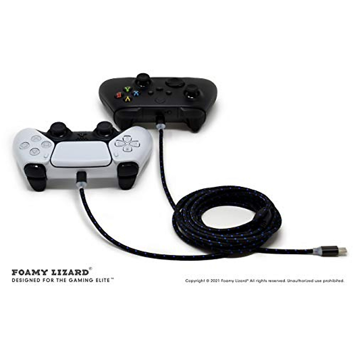 Foamy Lizard 10FT Split PS5 Controller Charger Cable, LED Fast Charging Braided Nylon Replacement Cord, Dual USB C for Switch, Playstation 5 Dualsense, Xbox Series X/S, Accessories (C to C, Blue LED)