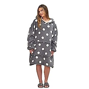 Dreamscene Spotted Print Oversized Hoodie Blanket Sweatshirt Soft Sherpa Fleece Throw Cosy Wearable Hooded Blanket Big Jumper - Grey, One Size Fits All - Adults Kids Men Women