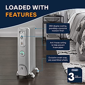 De'Longhi Comfort Temp Full Room Radiant Thermostat, 3 Heat Settings, Energy Saving, Safety Features, Nice for Home with Pets/Kids, 27" x 6.5" x 15.5", Light Gray