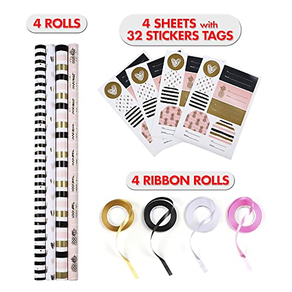Packanewly Wrapping Paper Roll Set with Cutline on Reverse for All Occasion - Pink Gold White, Black Stripe, Fruit Pineapple Gift Wrap paper Bundle(4 Pack, 100 sq. ft. ttl.) - 30 x 120 Inch Each Roll