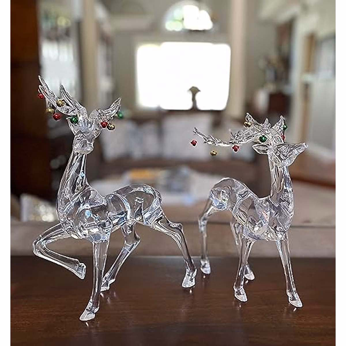 Christmas Reindeer Set of 2 in Clear Acrylic, Christmas Jingle Bells on Antlers, Holiday Deer Figurines, 10 and 11 Inches High, Cut Glass Appearance