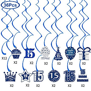 36pcs 15th Birthday Decorations Hanging Swirls Party Supplies for Boys, Silver Blue 15 Year Old Birthday Hanging Decor, Happy Fifteen Birthday Foil Ceiling Swirl Sign Décor