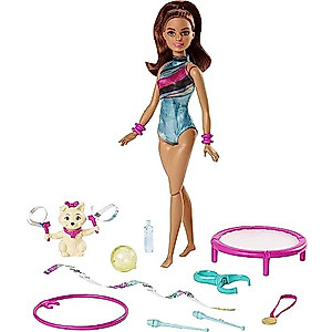 Barbie Gymnast Playset, Spin 'N Twirl Teresa Doll Flips & Spins Hoops, Pet Has Bouncing Trampoline & Waves Ribbons, Themed Accessories (Amazon Exclusive)