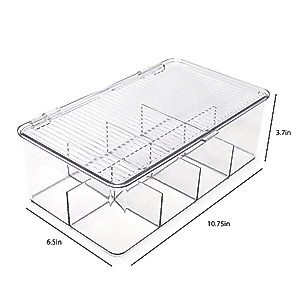 Isaac Jacobs Divided Clear Plastic Organizer (10.75” x 6.5” x 3.7”) w/Hinged Lid, Stackable Storage Box for Tea Bags, Crafts, Office Supplies, Cosmetics, Jewelry, BPA-Free, Food Safe Pantry Container