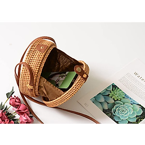 SHAREYOIU Handwoven Round Rattan Bag Shoulders Natural Chic Hand Tropical Beach Style Woven with Leather Strap (Pure, 7 x 3.2 inches)