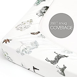 Stretchy Ultra Soft Jersey Knit Fitted Pack n Play Sheets Set 2 Pack, Portable/Mini Crib Sheets for Boys and Girls, Stylish Playard Sheets Fitted Safe and Snug, African Savannah Animals Pattern