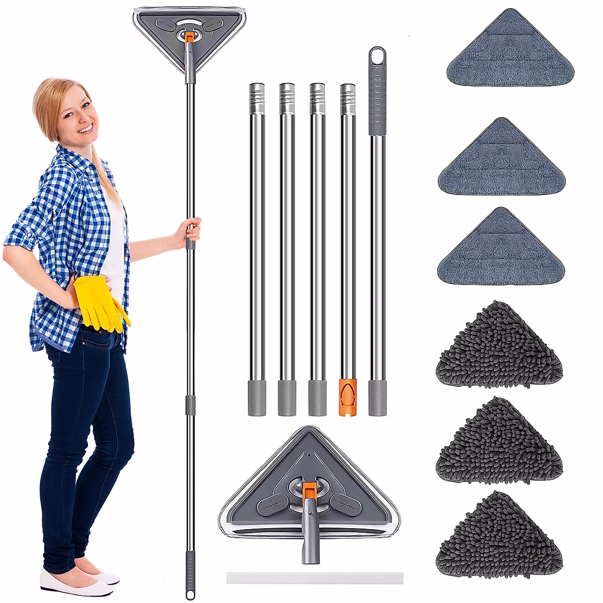 85 Inch Wall Cleaner Mop with Long Handle,Baseboard Cleaner Tool 360° Rotatable with Extension Pole 39" to 85",6 Replacement Microfiber Mop Pads,Wall Mop for Wall Washer Cleaning Ceiling Window Floor