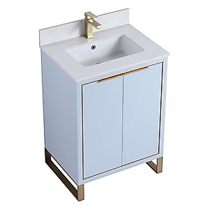 Fine Fixtures Opulence Collection 24 in. W x 18 in. D x 33 in. H Bathroom Vanity in Pastel Blue with White Matte Sintered Stone Sink - Satin Brass Hardware