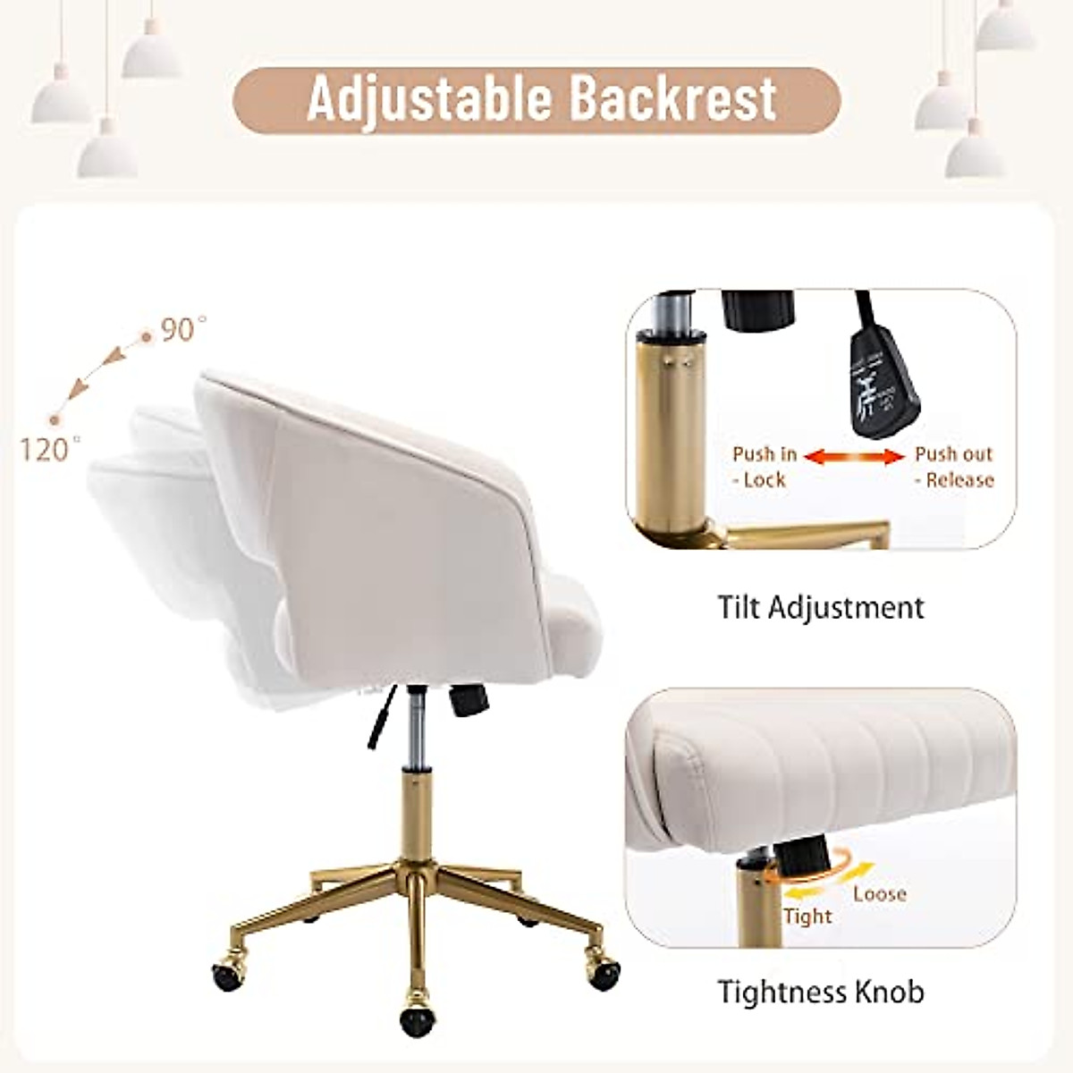 ABET Desk Chair with Wheels, Velvet Home Office Chair, Swivel Armchair with Gold Base, Upholstered Modern Accent Chairs, Back Incline Adjustable for Vanity Living Room Bedroom, Off-White Cream