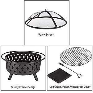 Fire Pit Set, Wood Burning Pit - Includes Screen, Cover and Log Poker - Great for Outdoor and Patio, 32 inch Round Crossweave Firepit by Pure Garden