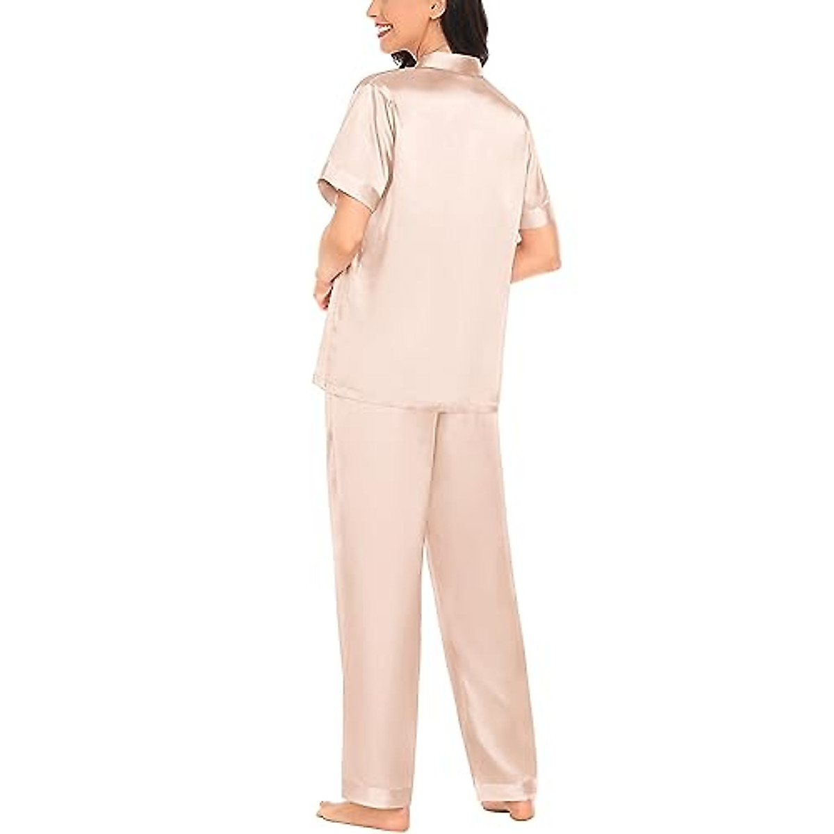 SWOMOG Silk Pajama Set for Womens Solid Satin Loungewear Short Sleeve Pj Set Button Down 2 Pcs Nightwear with Pants with Pockets Champagne