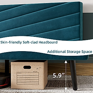 Homhougo Full Size Bed Frame with Adjustable Headboard, Velvet Upholstered Platform Bed with Solid Wood Slats Support, No Box Spring Needed, Noise-Free, Green