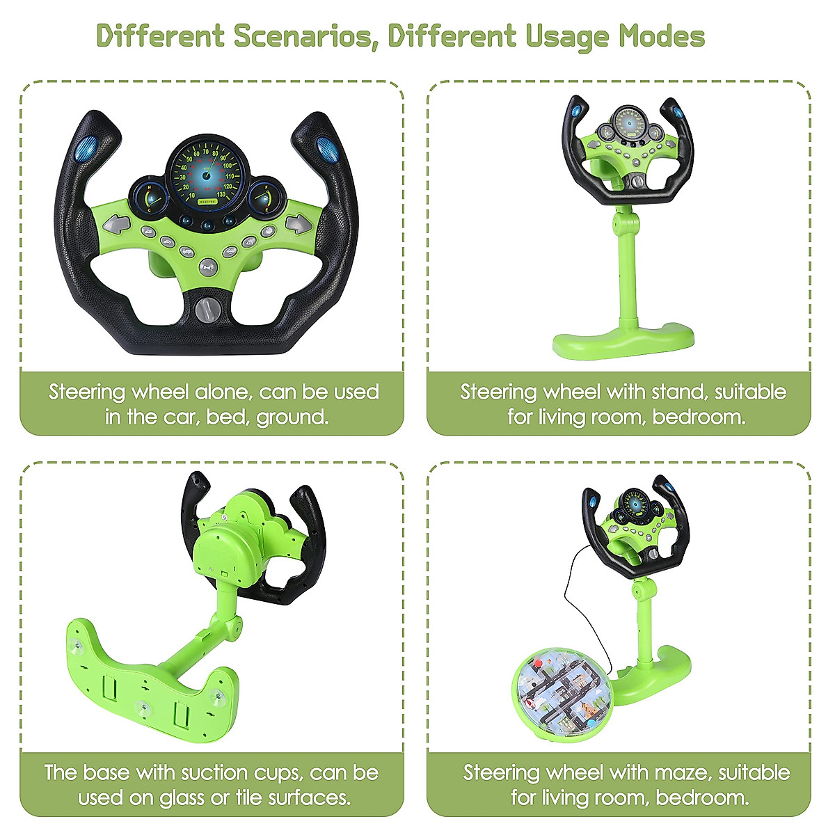 COLOR TREE Toddlers Steering Wheel Pretend Play Simulated Driving Toys with Maze and Simulation Sounds and Lights - Kids Preschool Game Toy - Green