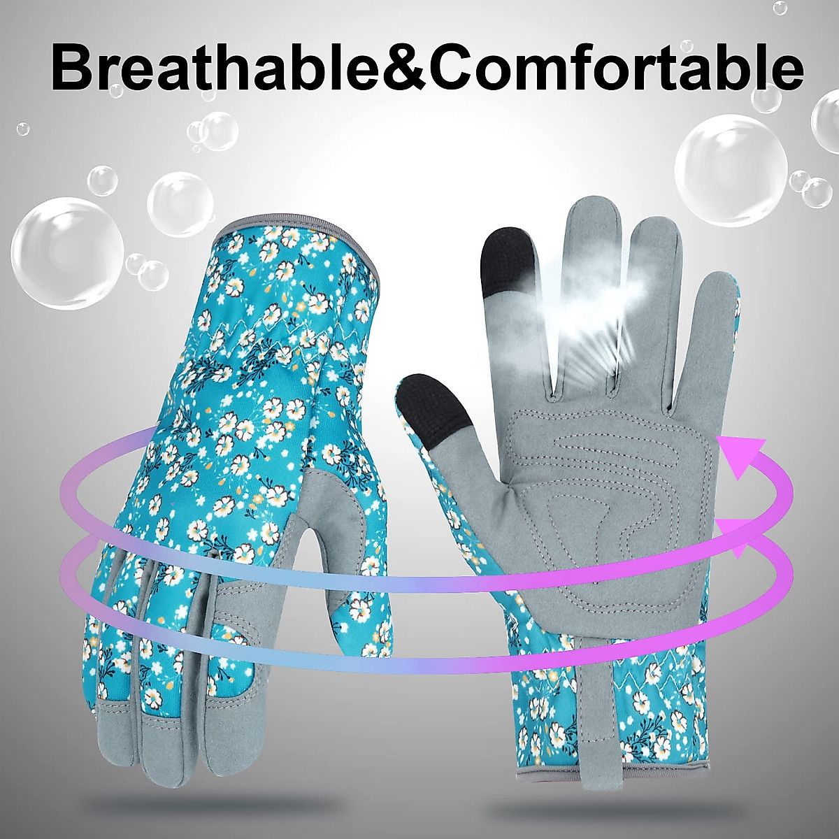 MERTURN Leather Gardening Gloves for Women Unique Floral Print Garden Gloves Touch Screen Design Yard Working Gloves Thorn Proof Gardening Gloves Weeding Tools Garden Gift for Gardener