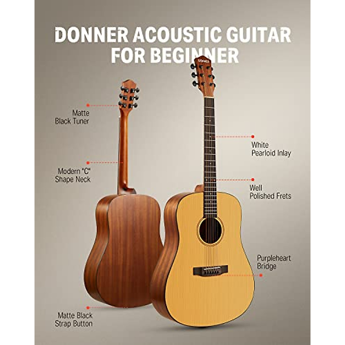 Donner Acoustic Guitar for Beginner Adult Full Size Dreadnought Acustica Guitarra Starter Bundle Kit with Gig Bag Strap Tuner Capo Pickguard String 4 Picks Cloth, Right Hand 41 Inch Natural, DAG-1