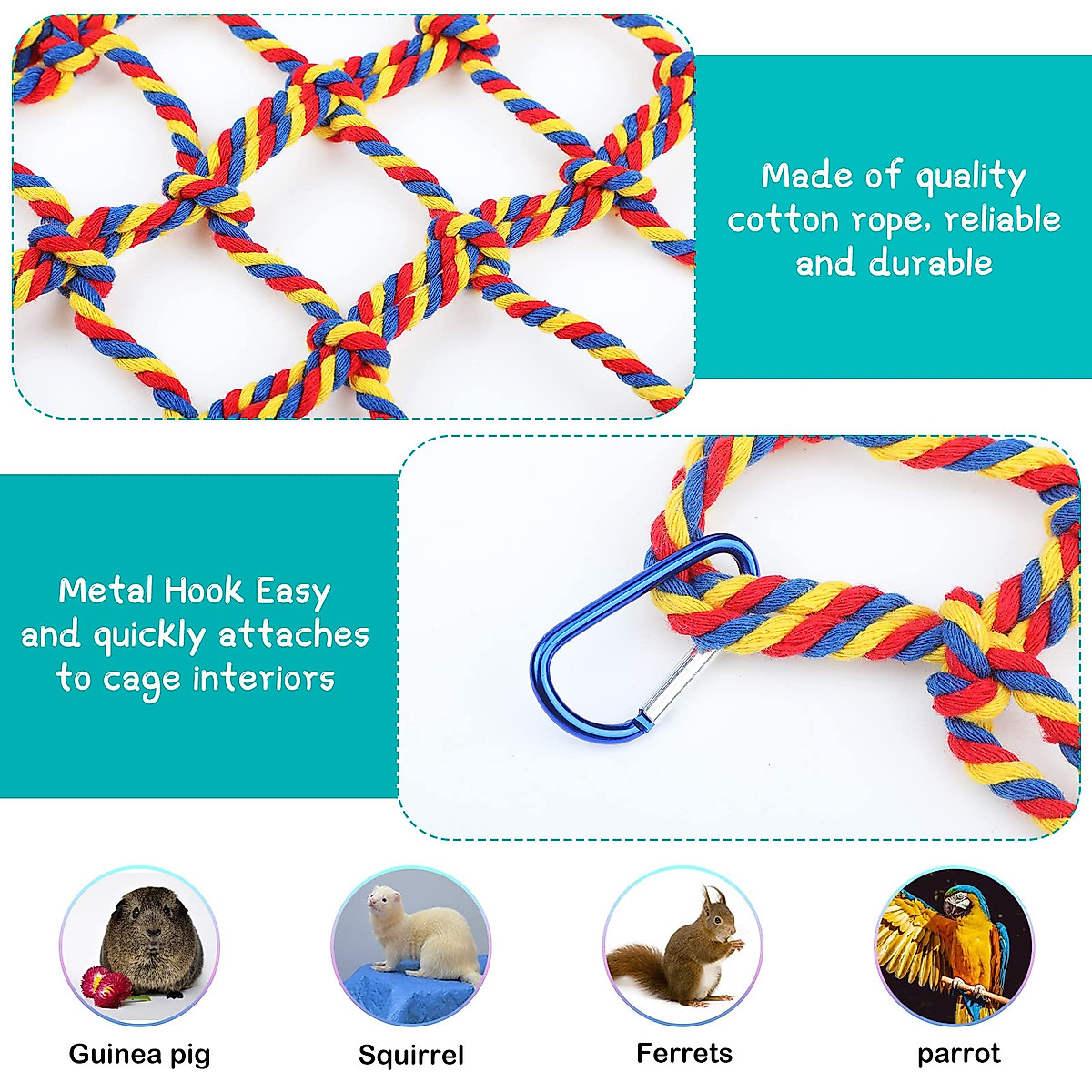 Junkin 3 Pcs Bird Rope Net Rat Climbing Rope Net Pet Hamster Chinchilla Ferret Activity for Small Animal Habitat Decor and Play