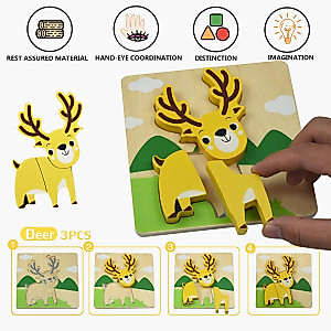 GYBBER&MUMU Wooden Thickened Animal Puzzle Toy Set Panda Deer Owl Duck Fox Puzzle Toy Hand-Eye Coordination Intellectual Toy Set for Preschool (Deer)