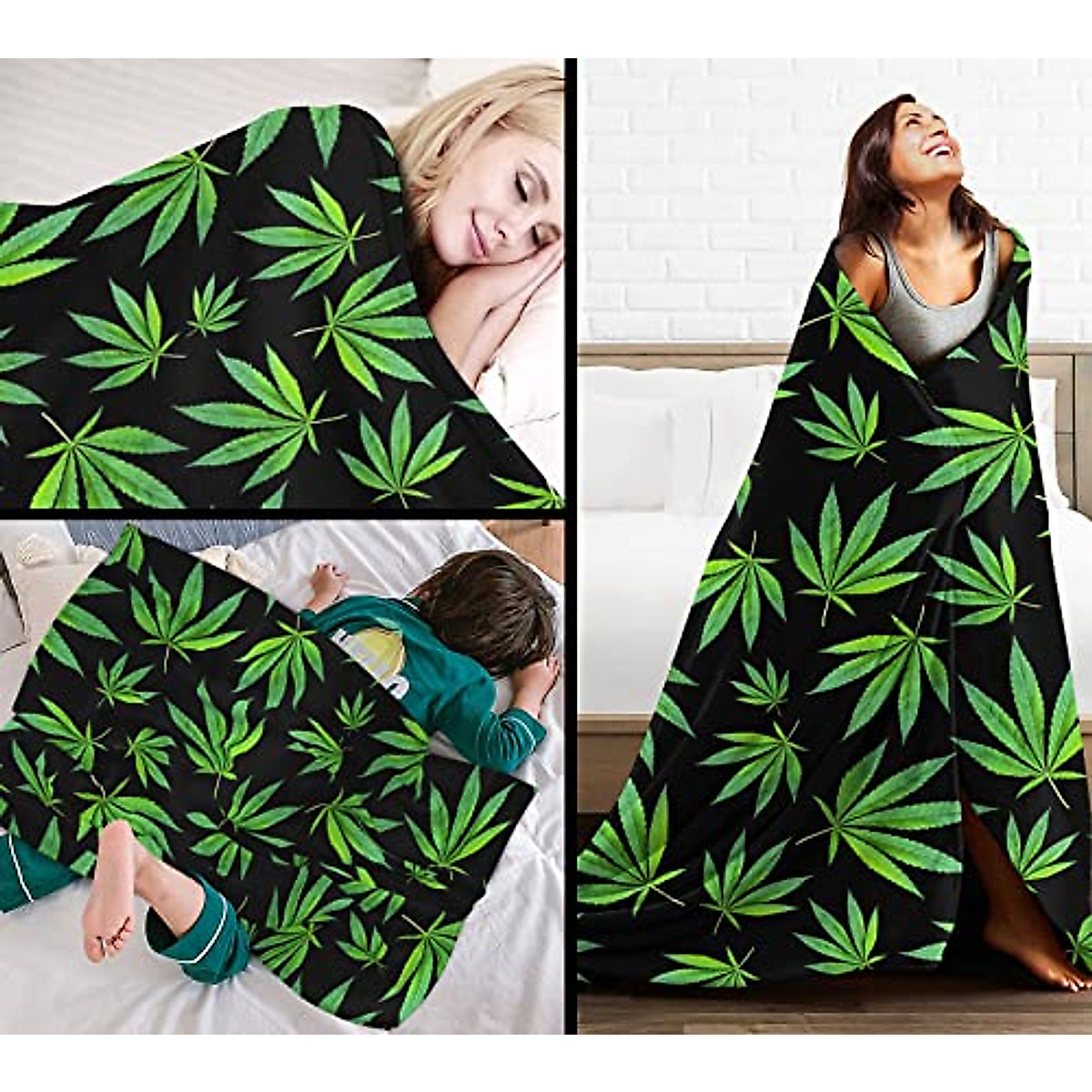 ubnlkto Cannabis Leaves Blanket for Man Fleece Flannel Blanket, Marijuana Weed Throw Blanket Throw Size, Cannabis Vibrant Green Plush Bed Blanket for Woman 60"x80"