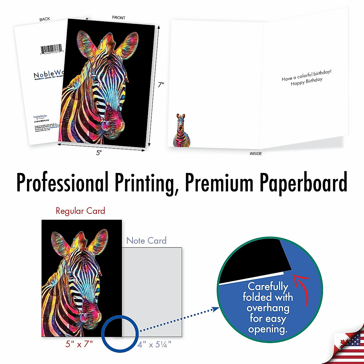 NobleWorks Birthday Greeting Card with 5 x 7 Inch Envelope (1 Card) BdayRainbow Zebras-Head C10327BBDG