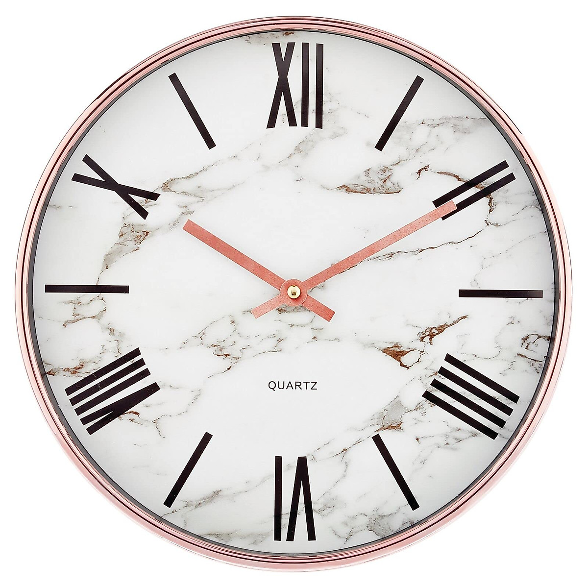 mDesign Modern Stylish Wall Clock for the Office, Bedroom, Kitchen, Bathroom, 11.5 Inch Diameter - Rose Gold Frame and Hands, Large Black Numbers on a Marble Background with a Clear Glass Cover