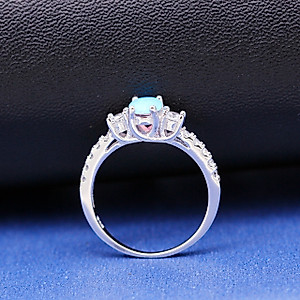 Uloveido 3 Stone Accent Wedding Ring Oval Cut Lab Blue Fire Opal Round CZ 925 Sterling Silver Engagement Jewelry for BFF 2.16g Size 6 JZ104