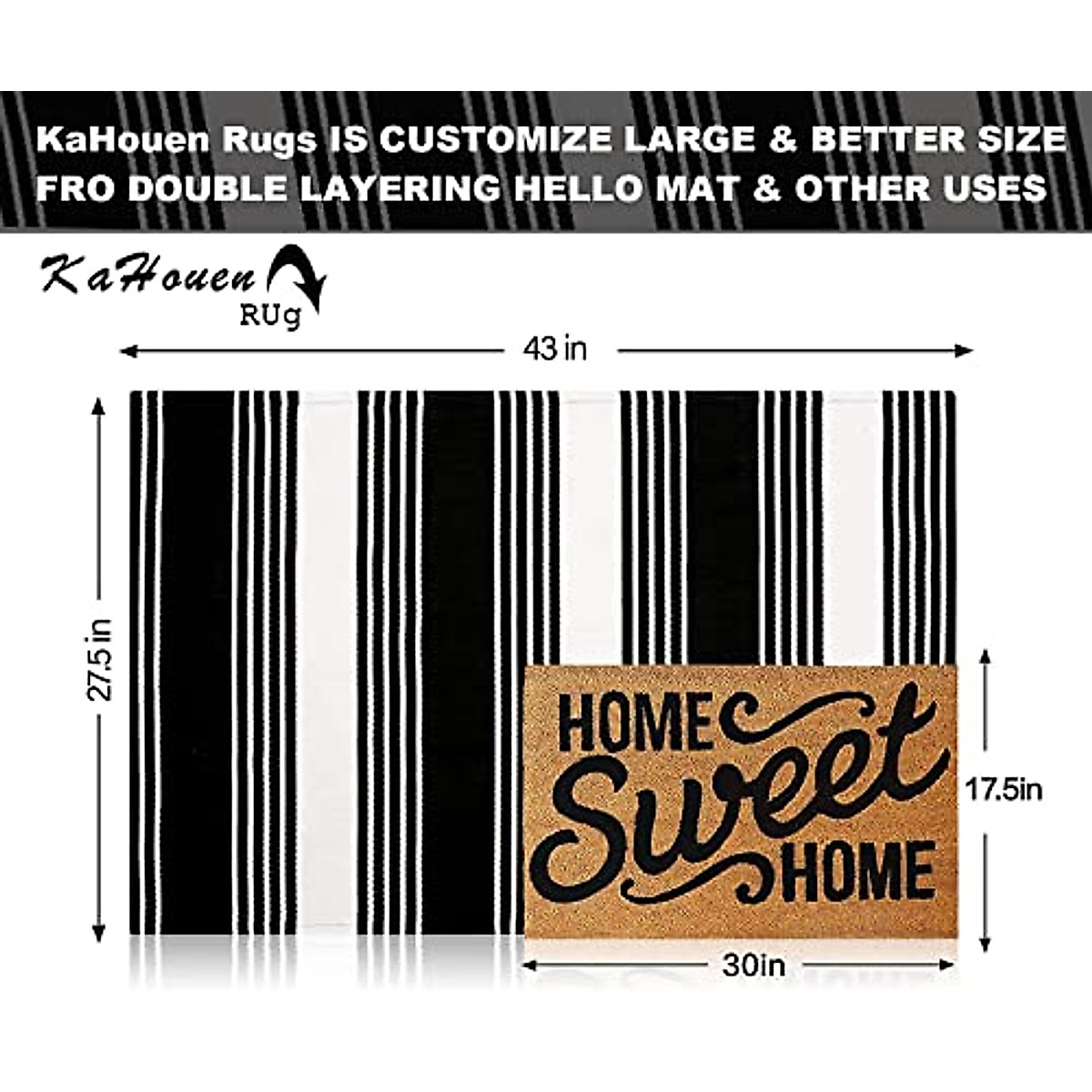 KaHouen Black and White Striped Outdoor Rug 27.5 x 43 Inches, Hand-Woven Reversible Foldable Washable Outdoor Rug Stripe for Layered Door Mats Porch/Front Door
