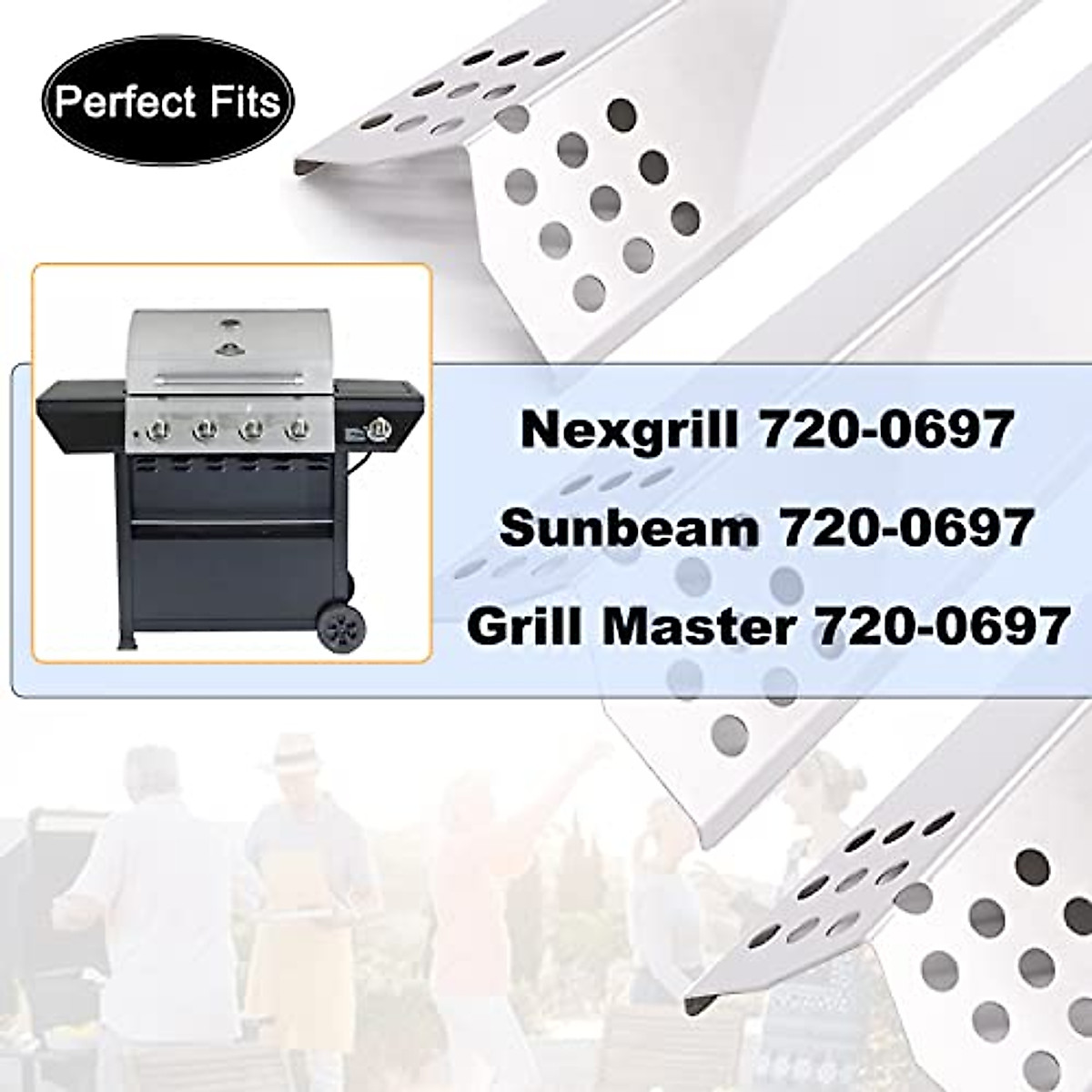 Yiming Grill Replacement Parts for Grillmaster 720-0697, Nexgrill 720-0697 and Sunbeam 720-0697 Gas Grill Models, Stainless Steel Heat Plate Tent Shields, Grill Burner Tubes Set, 4-Pack