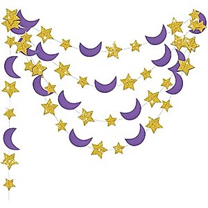 Purple Gold Birthday Party Decorations/Graduation 2023/Purple Gold 2pcs Moon and Star Garlands 1st Birthday Garland Love You to The Moon and Back Purple Gold Moon Star Baby Shower Decorations