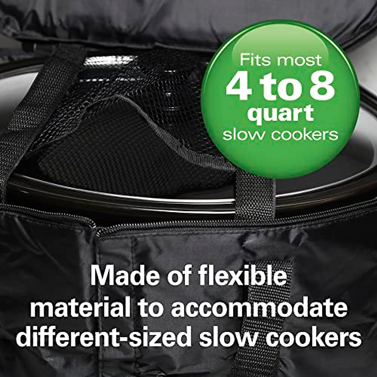 Hamilton Beach Portable Slow Cooker Travel Bag, Insulated Carrier Case for 4, 5, 6, 7 & 8 Quart Crock, Internal Mesh Net Holds Pot in Place, Compatible with Other Brands, Black (33002)