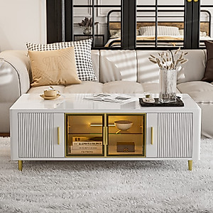 IKIFLY Modern Slate Coffee Table with 16 Colors LED Lights and Glass Doors, Durable Rectangle Design End Table for Living Room Bedroom