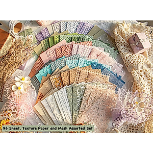 96 Sheets Textured Scrapbook Paper and Mesh Fabric Assorted Set - 6 Pack Mixed Special Paper for Scrapbooking Planner Bullet Junk Journal Supplies Mixed Media Collage Card Embellishments 3.9x5.5 Inch