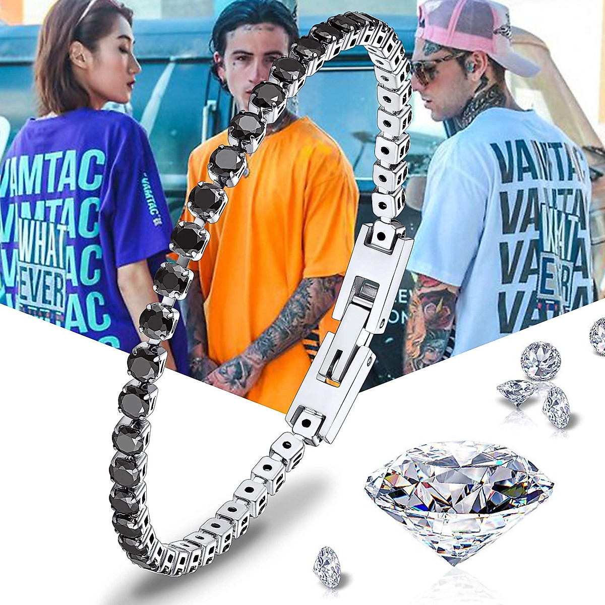 ChainsHouse Cubic Zirconia Classic Iced Out Tennis Bracelet |3mm Stainless Steel Diamond Link Bracelets for Men Women 7.5", Black Color