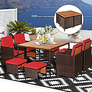 HAPPYGRILL 9PCS Patio Dining Set Outdoor Dining Furniture Set with Cushioned Seating, Space-Saving Dining Table with Acacia Wood Tabletop Wicker Chair and Ottoman Sets for Backyard Garden Poolside