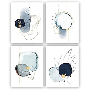 Modern Geometric Abstract Minimalist Wall Art for Living Room Decor, Blue Navy Canvas Art Prints, Watercolor Minimalist Line Wall Art for Office Bedroom Decoration, Set of 4(8"x10" Unframed)