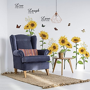 Runtoo Sunflower Butterfly Wall Art Stickers Flower Live Laugh Love Quotes Wall Decals Kids Bedroom Living Room Nursery Wall Decor
