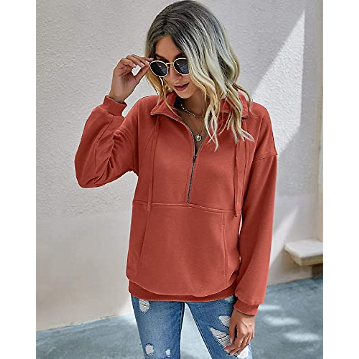 PRETTYGARDEN Women’s Casual Long Sleeve Lapel Zipper Sweatshirt Drawstring Loose Pullover Tops Orange Red