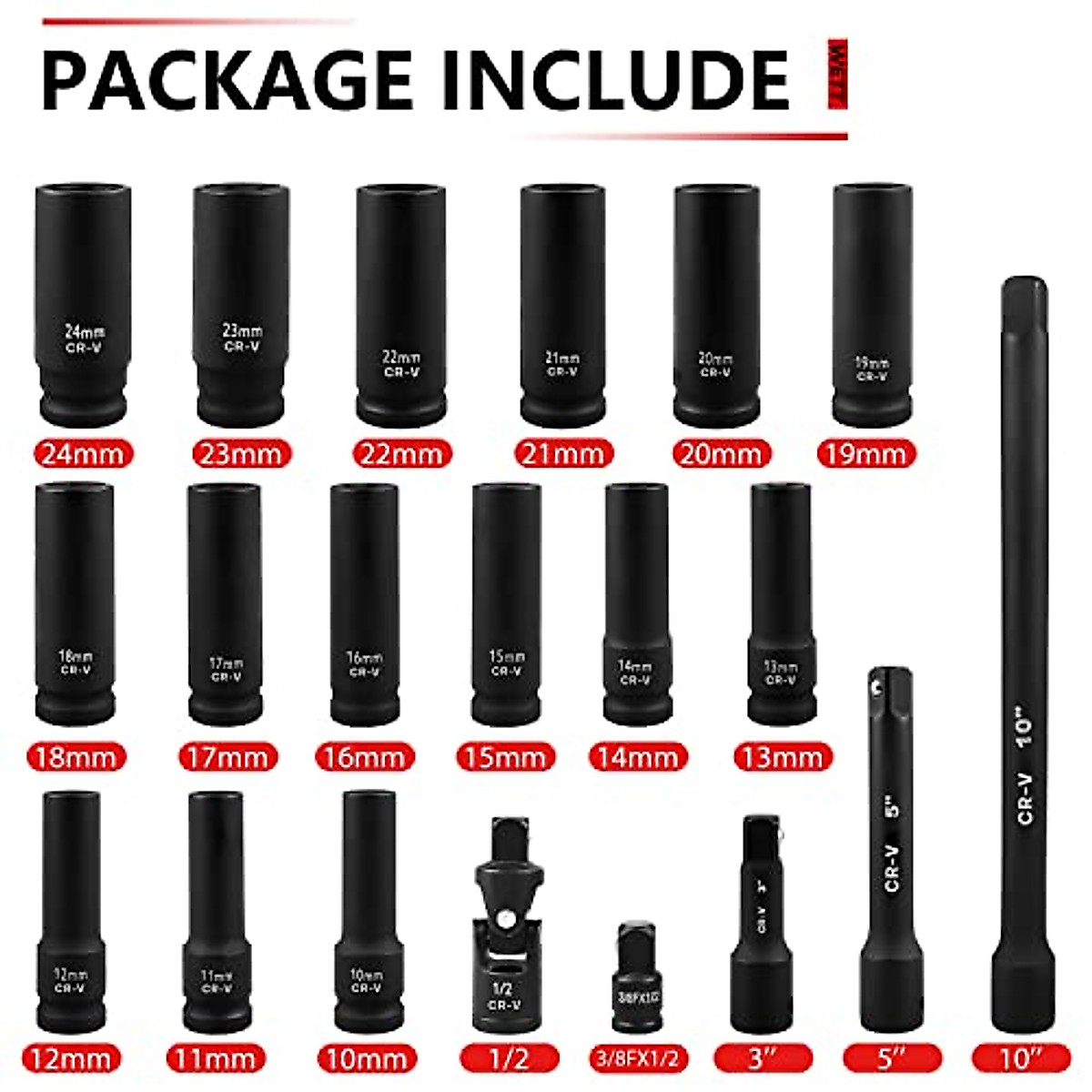 WETT 1/2-Inch Drive Deep Impact Socket Set, 20 Piece Metric Socket Set, 6 Point, Cr-V Steel, 10-24mm, Universal Joint, Adapter and Extension Bar
